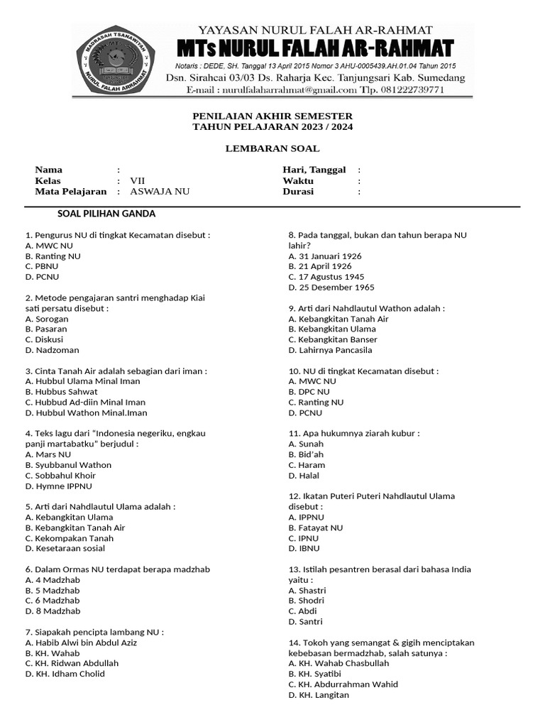 KELAS PAS 7 SOAL ASWAJA 2023 | PDF