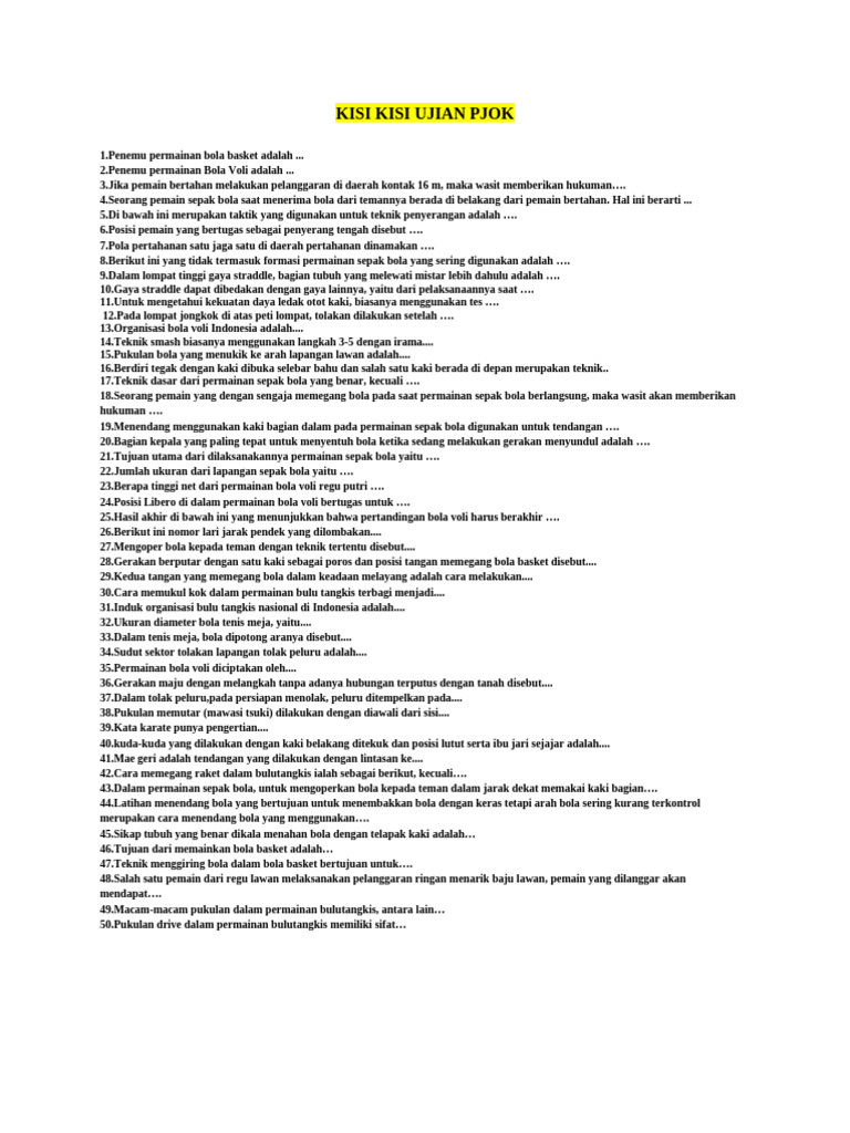 Kisi Kisi Ujian Pjok Kelas Xii | PDF