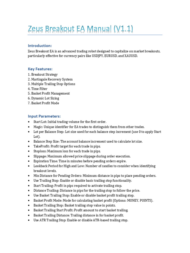 Zeus Breakout EA Manual v1.1 | PDF | Option (Finance) | Financial Markets