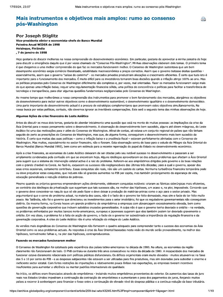 Artigo Stiglitz - Rumo Ao Consenso Pós-Washington | PDF