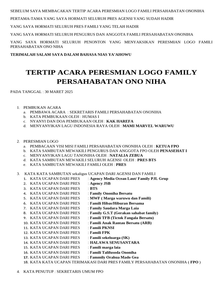 TERTIP ACARA PERESMIAN LOGO FAMILY PERSAHABATAN ONO NIHA | PDF