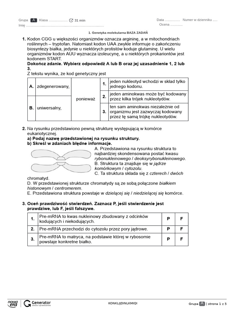 Genetyka Molekularna BAZA ZADAŃ Test - SPE | PDF