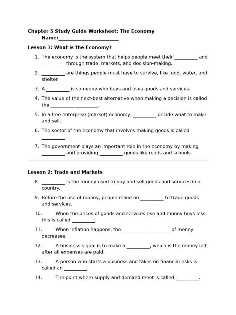 Chapter 5 Study Guide Worksheet | PDF | Economies | Money