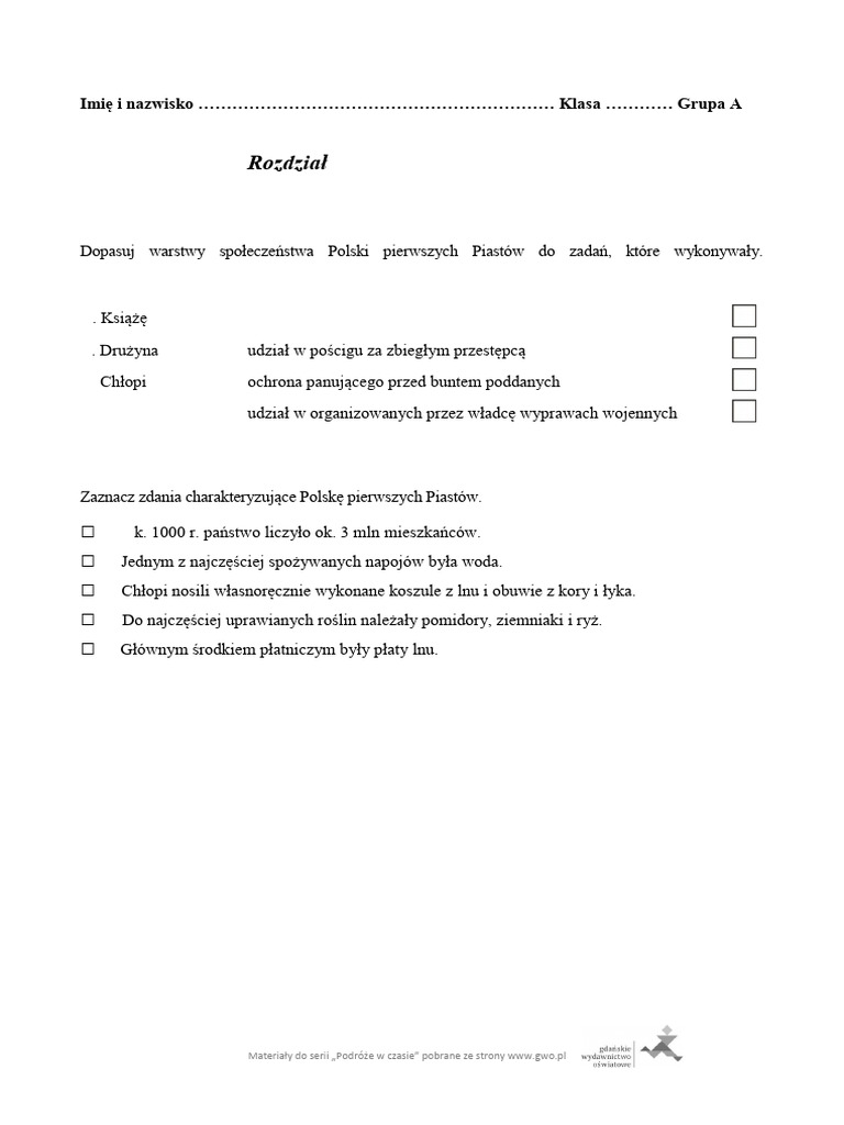 Kartkówka Klasa 5 Historia Gwo W Najdawniejszej Polsce | PDF