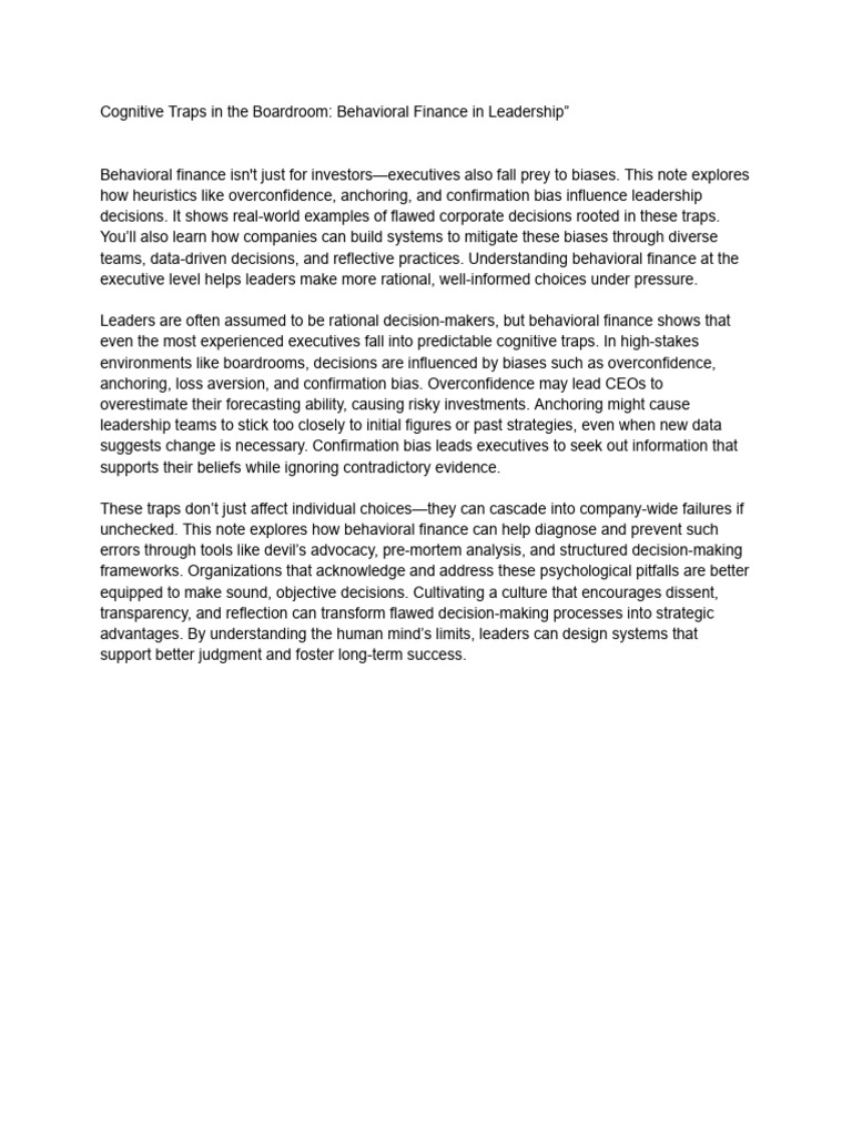 Cognitive Traps in The Boardroom - Behavioral Finance in Leadership | PDF