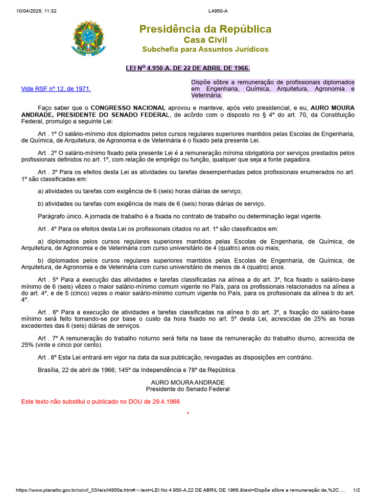 Lei Federal N.º 4.950A de 1966 | PDF | Engenharia | Justiça