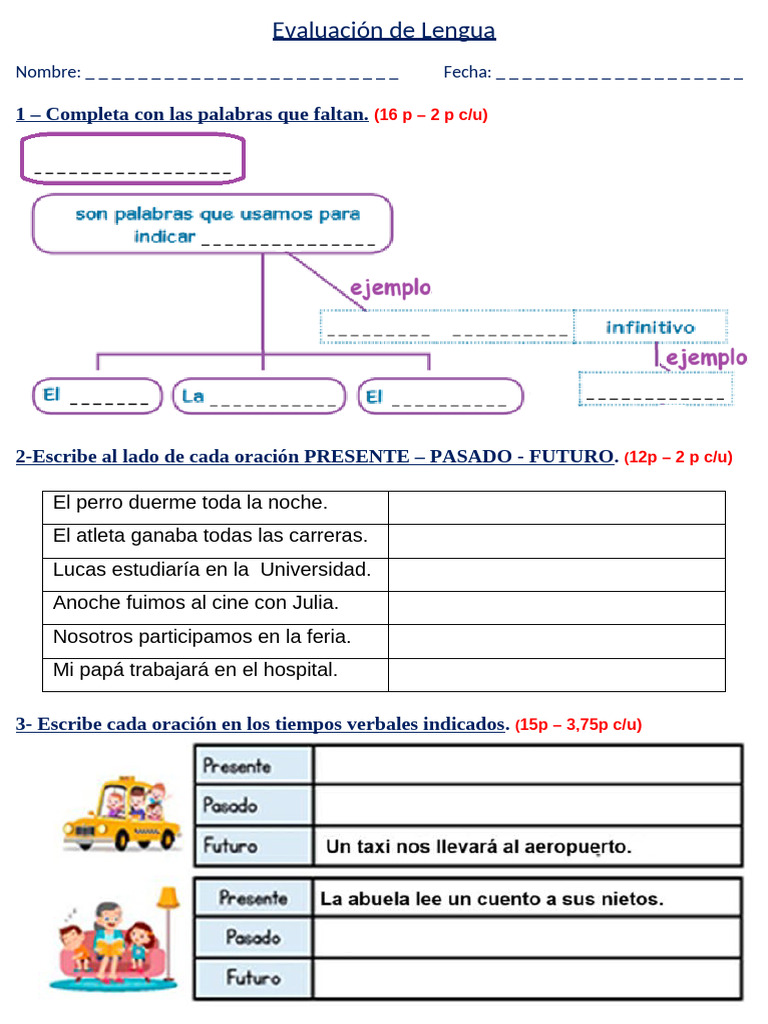 Evaluación de Lengua VERBOS | PDF