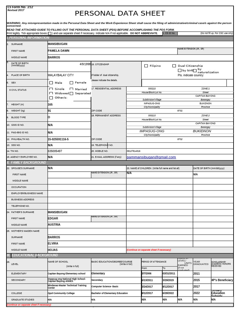Personal Data Sheet for CSC Form 212 | PDF | Justice | Crime & Violence