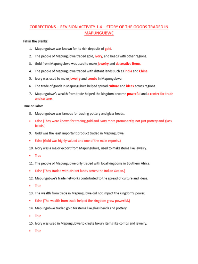 Corrections - Revision Activity 1.4 - Story of The Goods Traded in Mapungubwe | PDF
