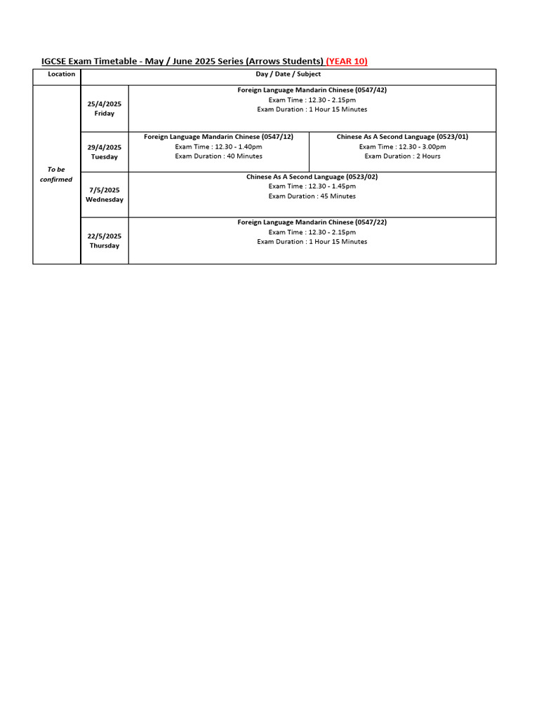 YEAR 10 - IGCSE Exam Timetable - May - June 2025 Series (Arrows ...