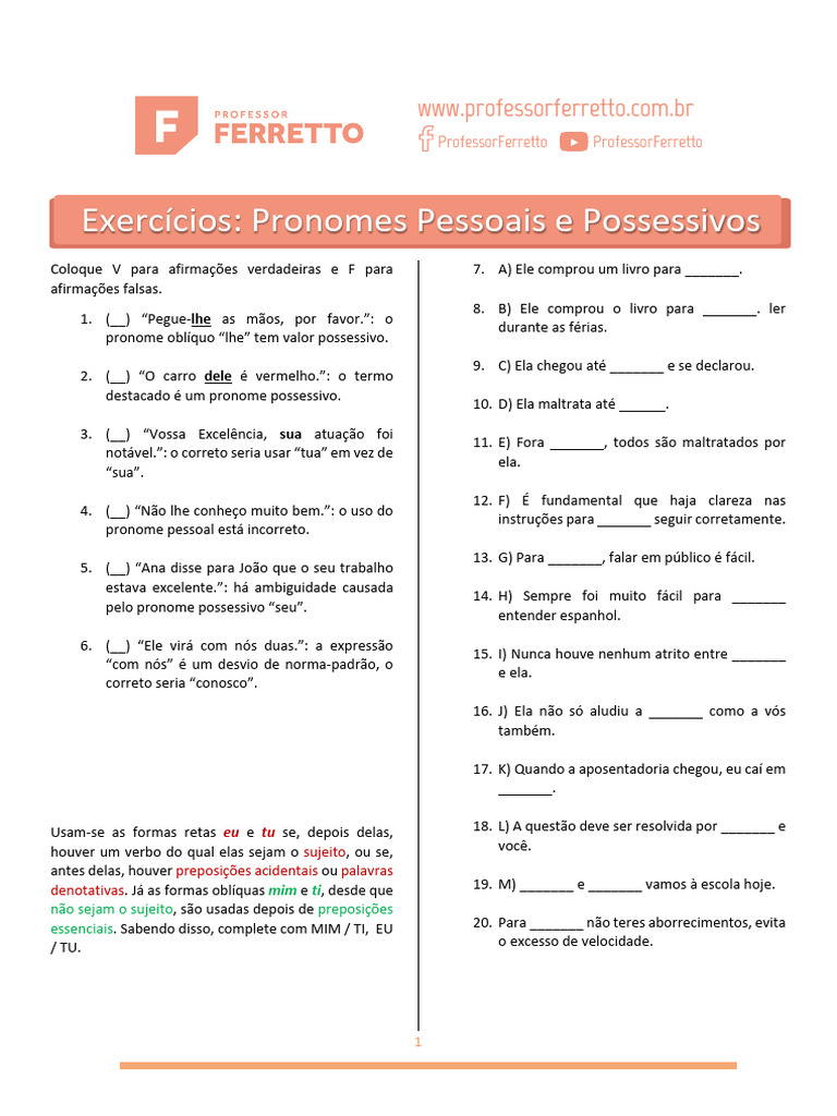 Pronomes Pessoais e Possessivos | PDF | Pronome | Assunto (gramática)