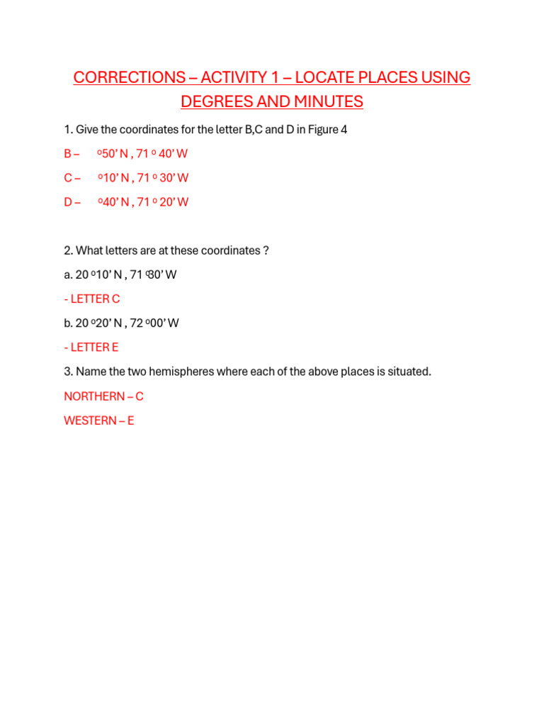 Corrections - Activity 1 - Locate Places Using Degrees and Minutes | PDF