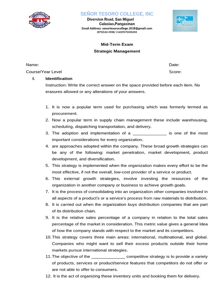 Strategic Management Mid-Term Exam Guide | PDF | Strategic Management ...