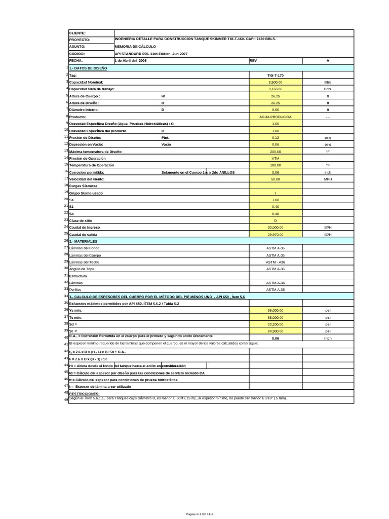 Cálculo - Tanque Skimmer | PDF | Ingeniería mecánica | Mecánica de ...