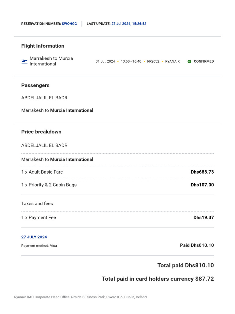 Ryanair Flight Confirmation: Marrakesh to Murcia | PDF