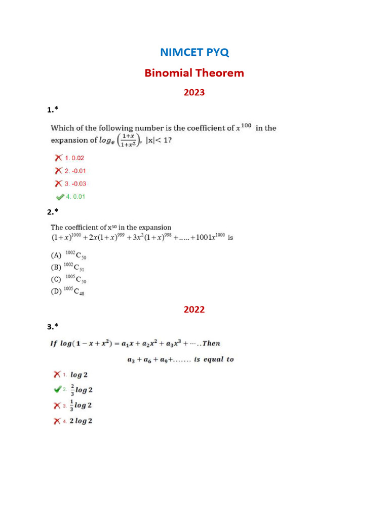 Binomial Theorem NIMCET PYQ | PDF