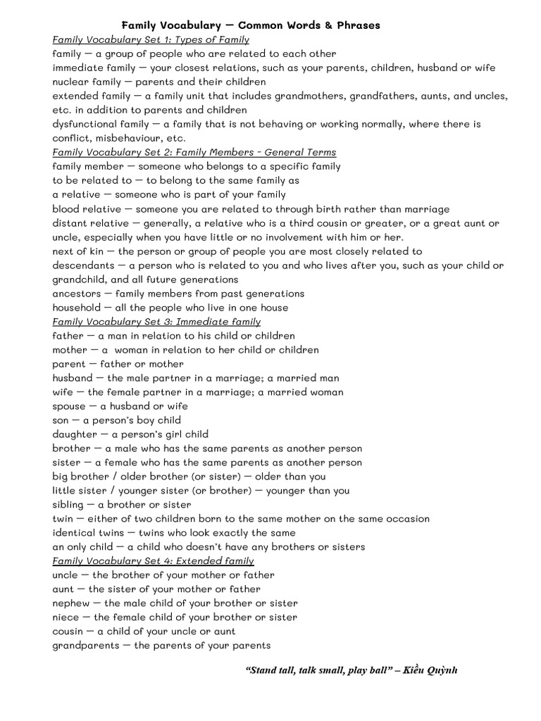 Family Vocabulary - Common Words & Phrases | PDF | Family | Stepfamily