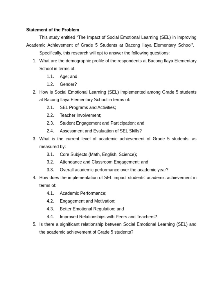 Statement of The Problem SEL | PDF