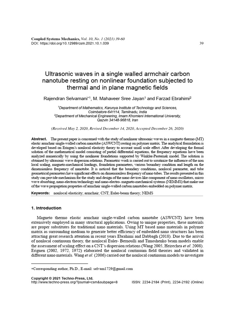 Ultrasonic Waves in A Single Walled Armchair Nanotube Resting On ...
