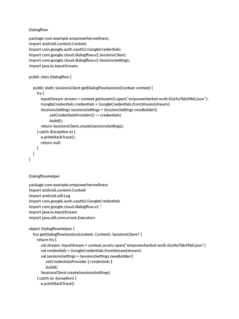 Dialogflow Chatbot Code Empowerherwellness | PDF | Android (Operating System) | Callback ...