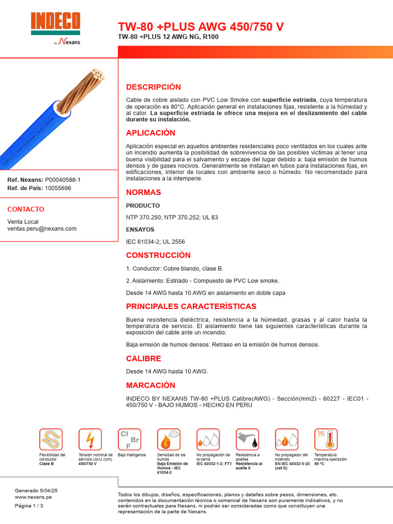 UL 2556: Cable TW-80 +PLUS 12 AWG | PDF | Aislador (Electricidad) | Cobre