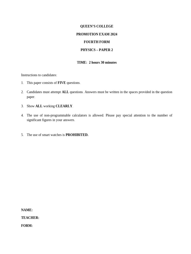 Queen's College Physics Exam 2024 | PDF
