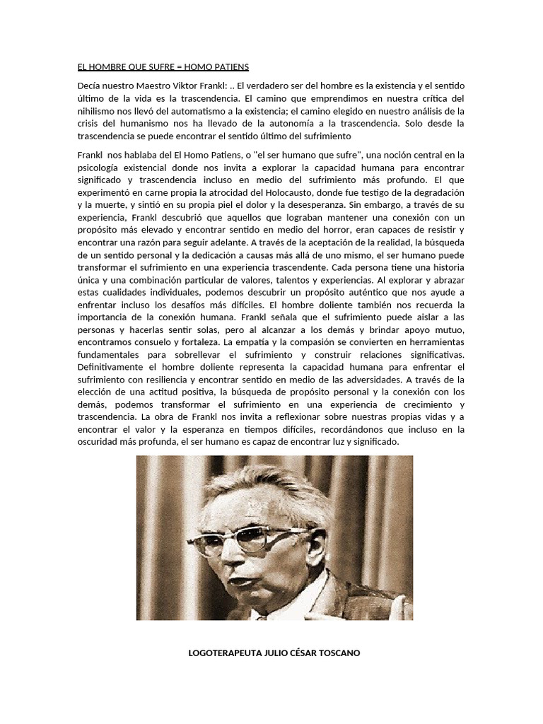 El Hombre Que Sufre Homo Patiens Logoterapia | PDF | Sufrimiento | Ciencias del comportamiento