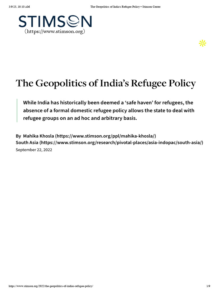 The Geopolitics of India's Refugee Policy - Stimson Center | PDF ...