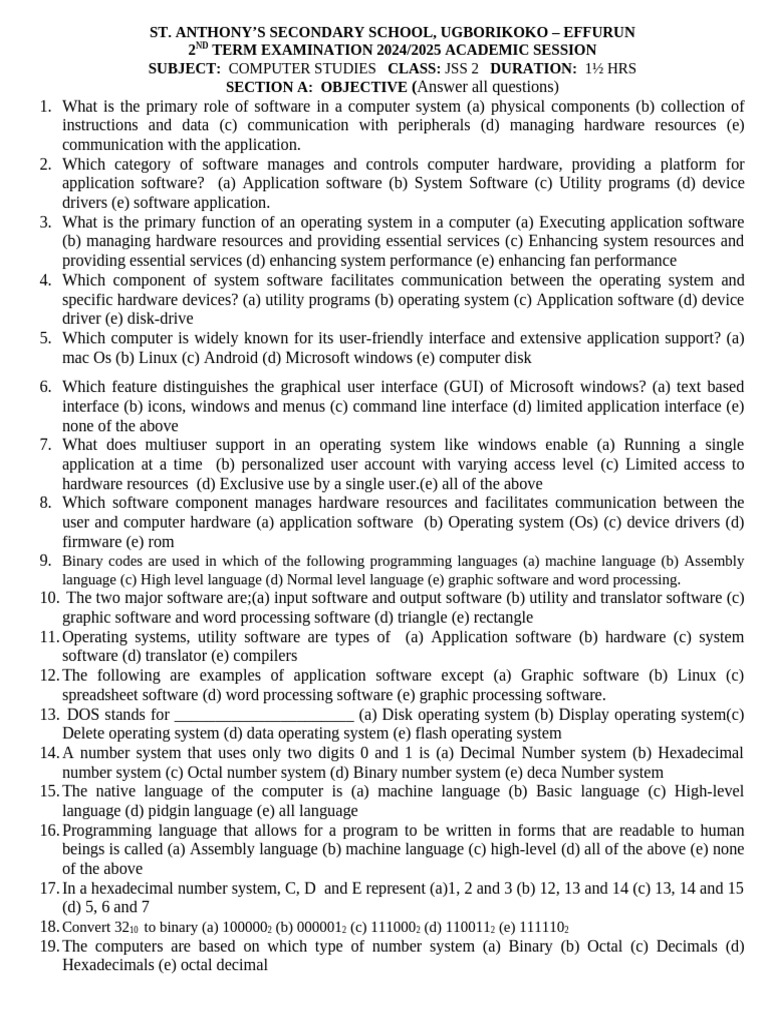 2nd Term 2024-2025 Exam Questions (Computer Studies) | PDF | Operating System | Graphical User ...