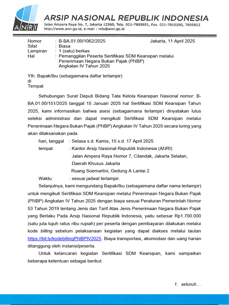 Surat Pemanggilan Peserta Sertifikasi SDMK PNBP Akt IV | PDF