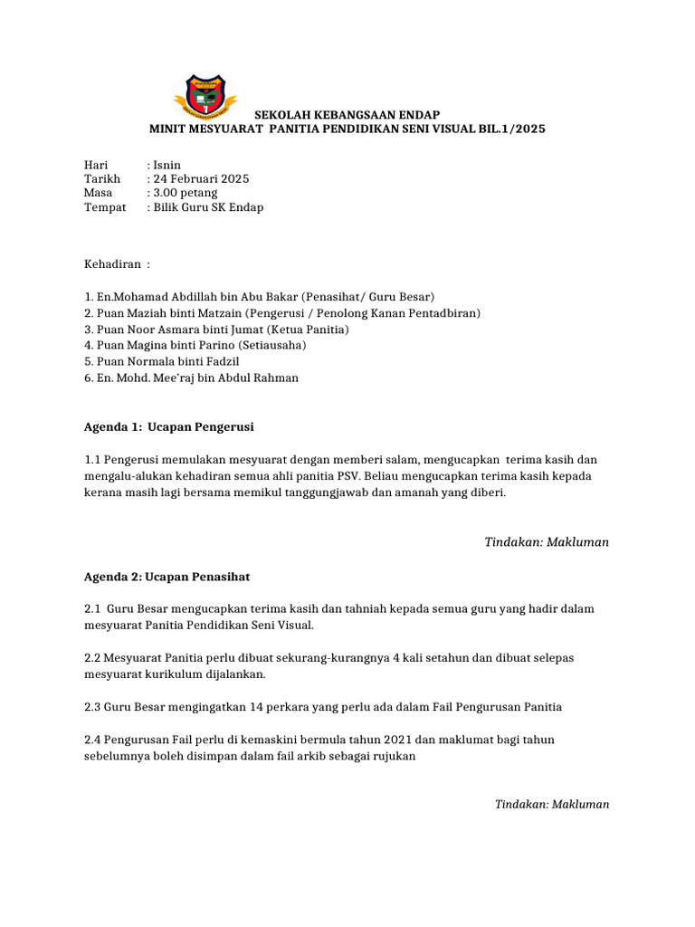 Minit Mesyuarat Panitia PSV Bil 1 2025 | PDF
