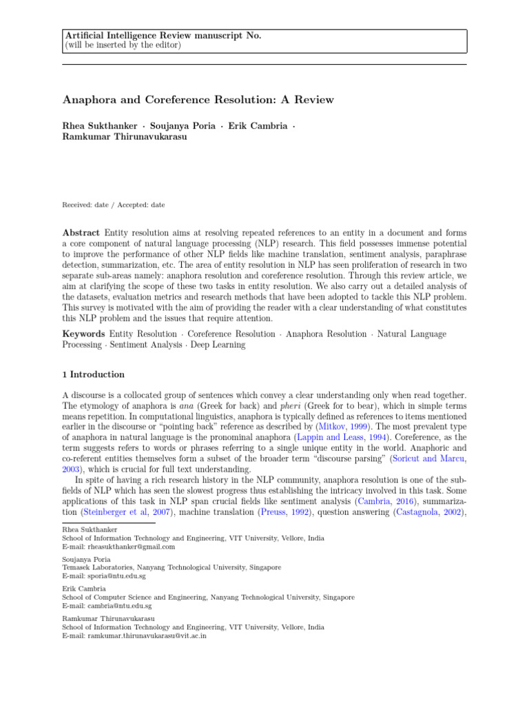 Anaphora and Coreference Resolution A Review | PDF | Pronoun | Language Mechanics