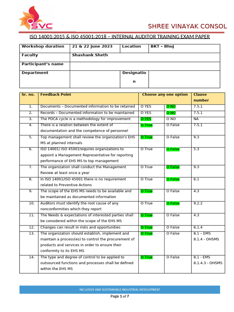 EHS IQA Exam - BKT - BHUJ (Answer Sheet) | PDF | Risk | Business