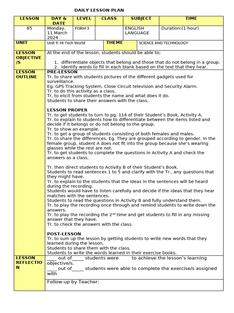 Form 3 English Lesson Plan: Hi-Tech World | PDF | Cognitive Science ...