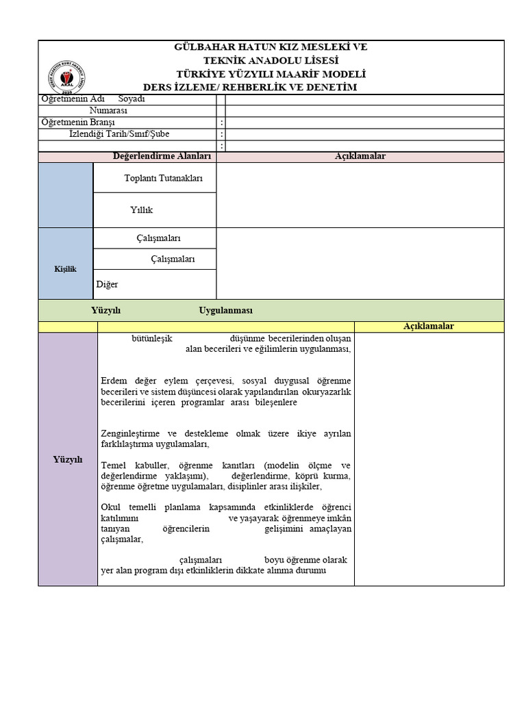 Tymm Ders Deneti̇m Formu | PDF