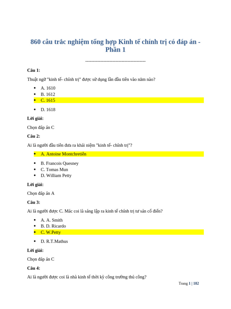 860 Cau Trac Nghiem Tong Hop Kinh Te Chinh Tri Co Dap an Phan 1 2025-03-09 | PDF