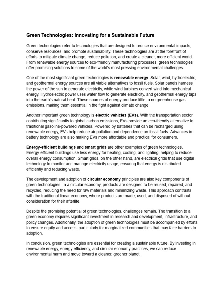 Green Technologies - Innovating For A Sustainable Future | PDF ...