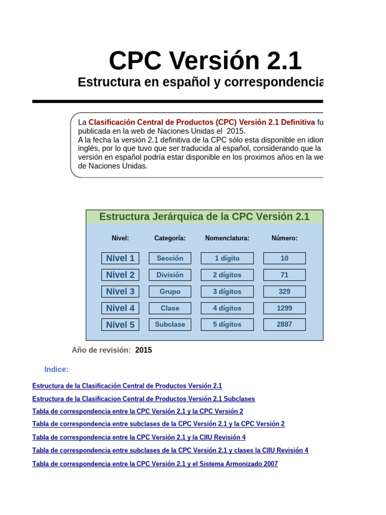 CPC Versión 2.1 - Clasificación Central de Productos - Español | PDF