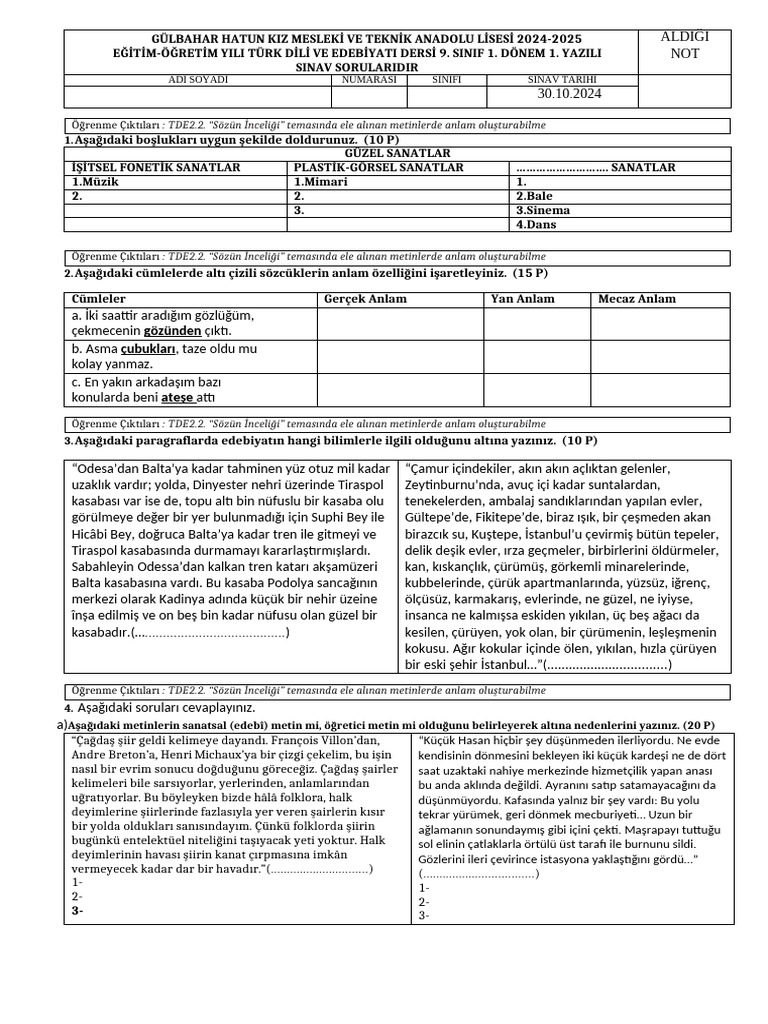 9.sinif 2024-2025 Tde 1.yazili Sorulari | PDF