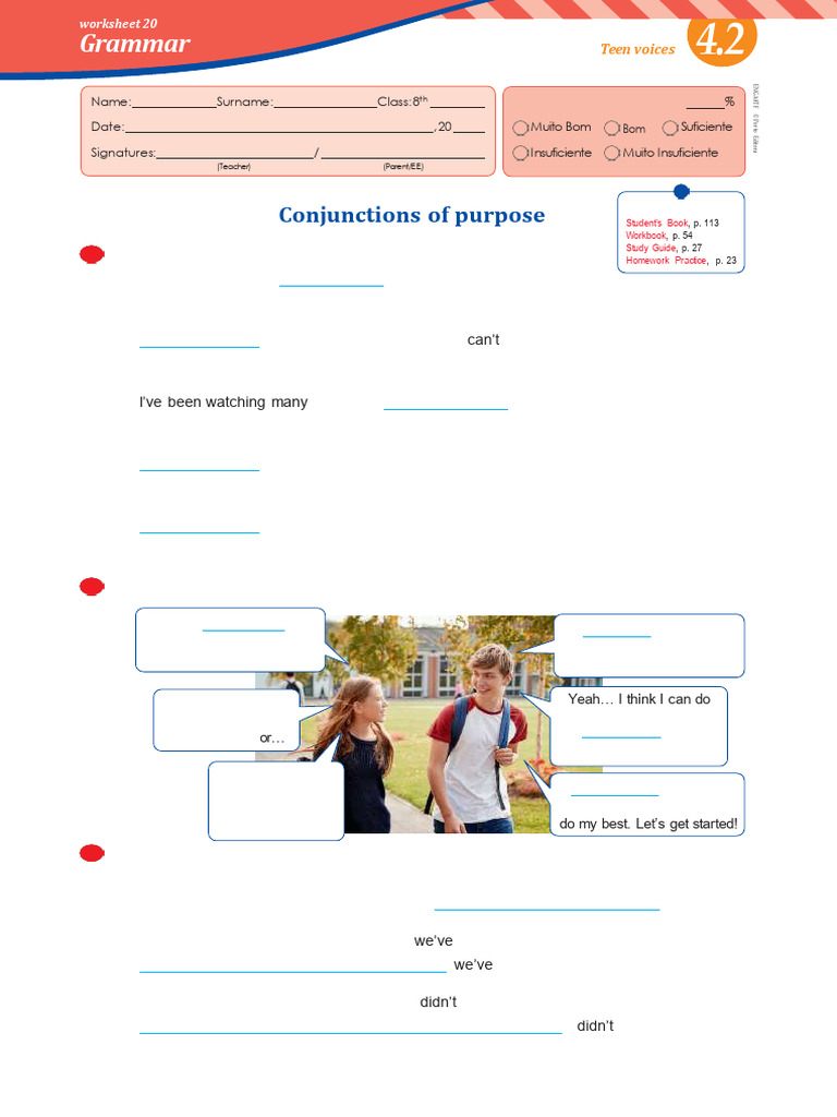 Eng8 Grammar Worksheet4 2 Conjunctions of Purpose | PDF