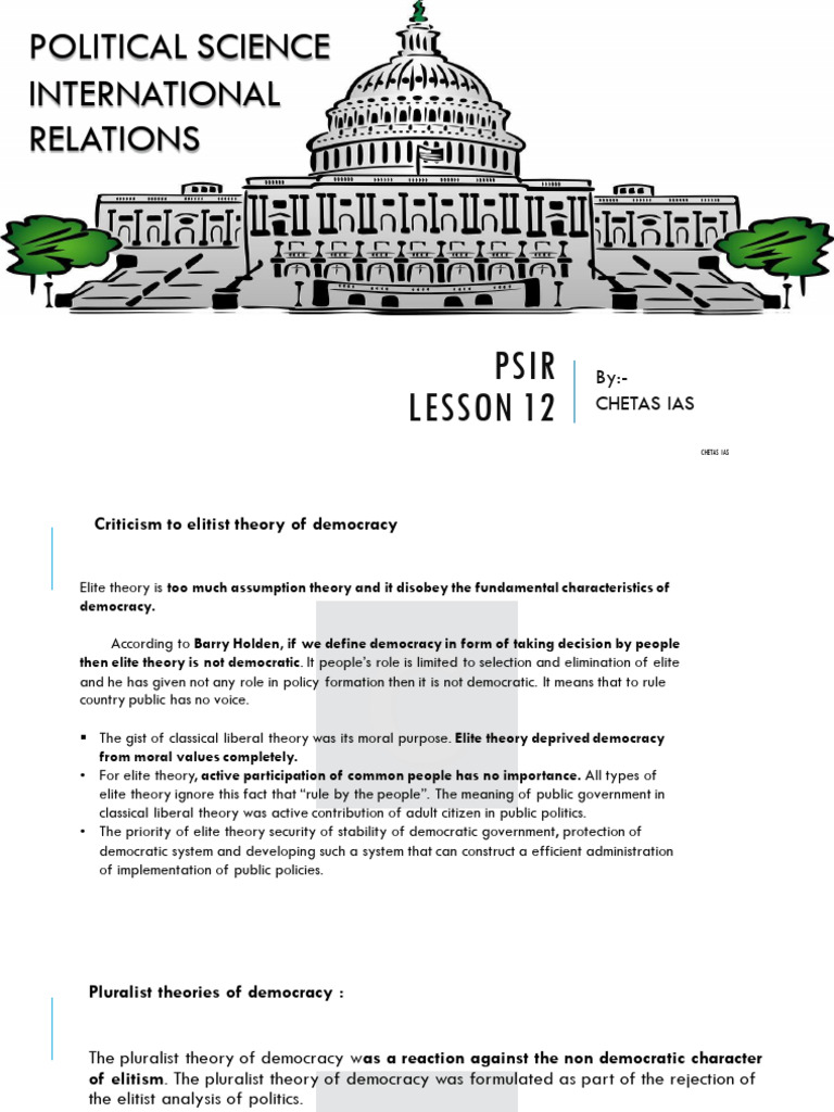 Elitist vs Pluralist Democracy Theories | PDF | Democracy | Political ...