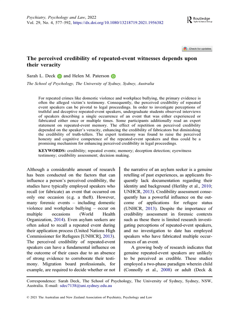 The Perceived Credibility of Repeated-Event Witnesses Depends Upon ...