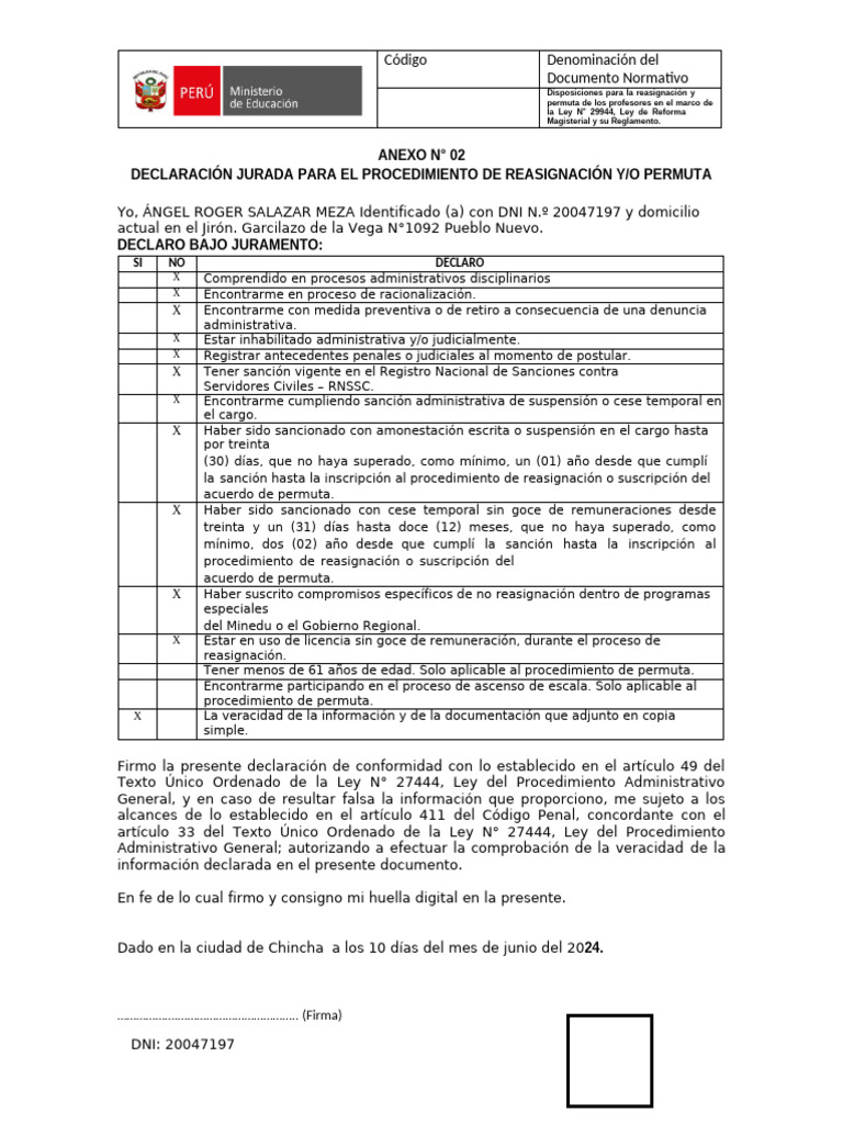 anexo-n-02-declaracion-jurada-para-reasignacion[1] | PDF | Gobierno | Justicia