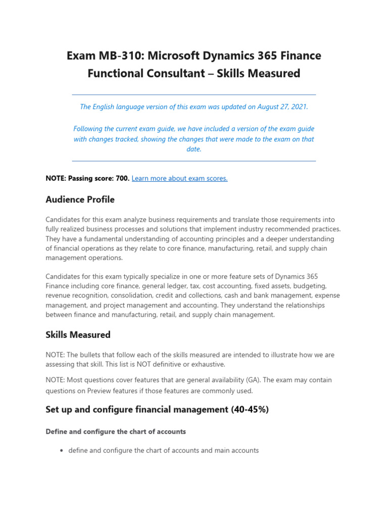 Exam MB 310 Microsoft Dynamics 365 Finance Skills Measured | PDF ...