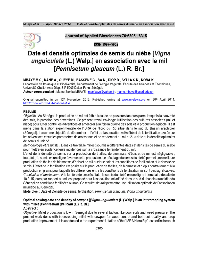 Date Et Densite Optimales de Semis Du Ni | PDF