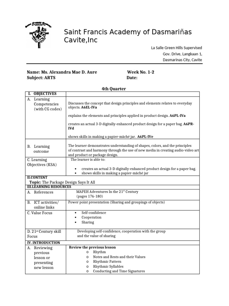 4th 6 Learning-plan-In Arts Week 1-2 | PDF | Folk Art | Learning
