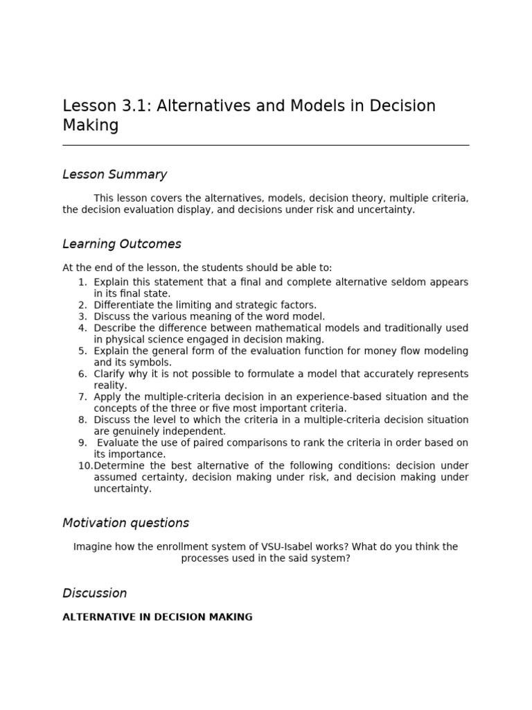 Lesson 3.1 - Alternatives and Models in Decision Making | PDF | Mathematical Optimization ...