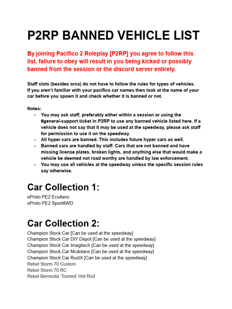 P2RP Banned Vehicle List | PDF | Land Vehicles | Transport