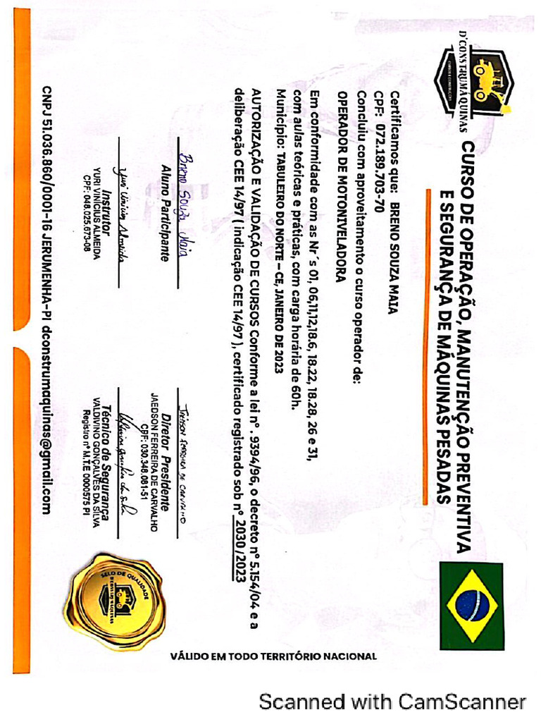 Certificado PDF motoniveladora Breno | PDF
