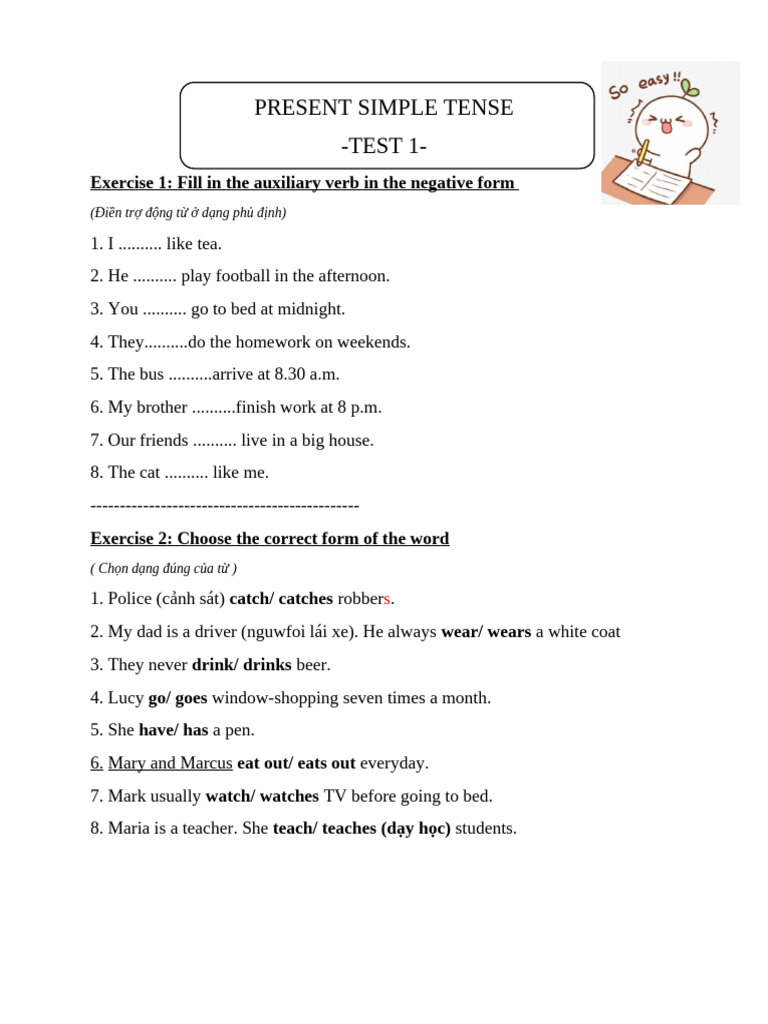 PRESENT SIMPLE TENSE (Test 1+2) | PDF